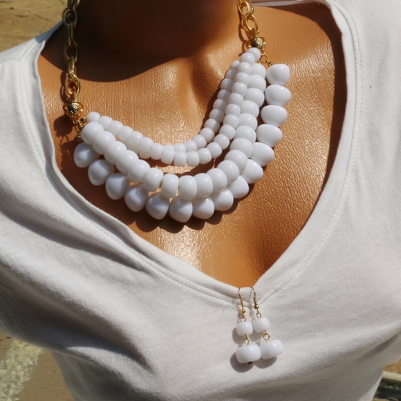 True | Jewelry | New White Boho Multi Strand Necklace Earrings Set ...